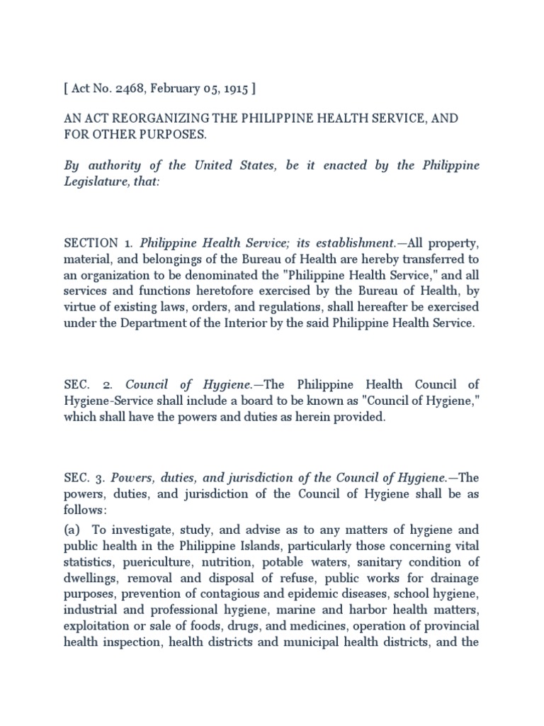 Act No. 2468, February 05, 1915 (Creation of Philippine Health Service ...