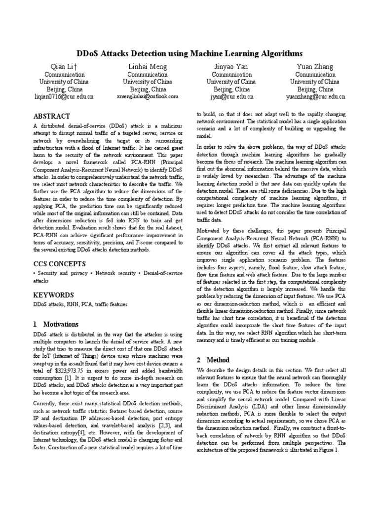 Ddos Attacks Detection Using Machine Learning Algorithms: Qian Li Linhai Meng Jinyao Yan Yuan ...
