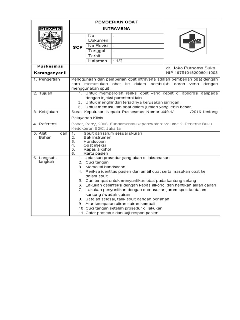 SOP - Pemberian Obat IV | PDF