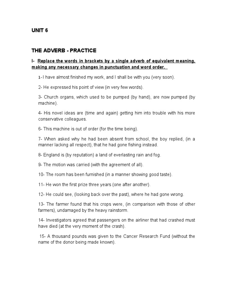 Unit 6 - Practice - The Adverb | PDF | Adverb | Syntax Unit 6 - Practice - The Adverb | PDF | Adverb | Syntax
