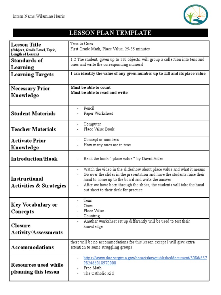 First Grade Math Lesson Plan: Place Value | PDF | Lesson Plan | Worksheet