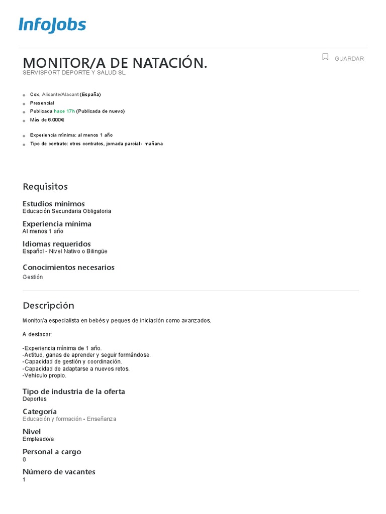 Oferta de Empleo - MONITOR - A DE NATACIÓN. en Cox | PDF