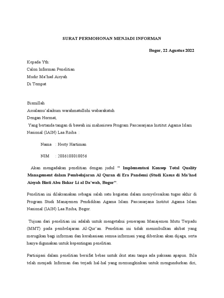 Permohonan Informan Penelitian | PDF