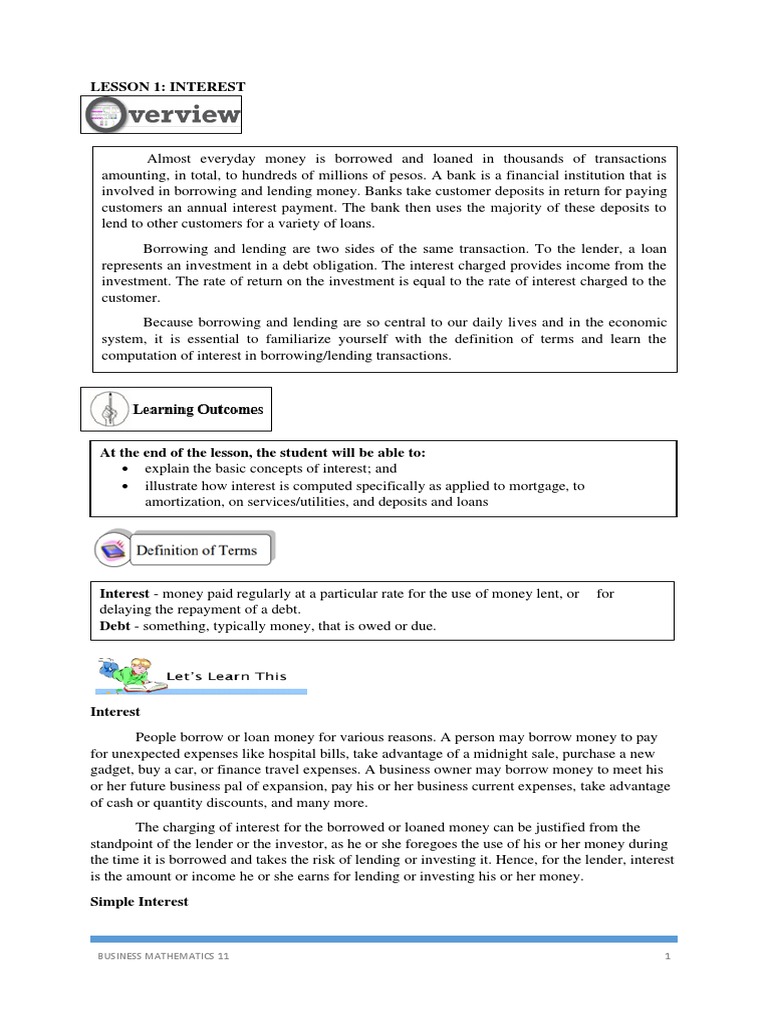 Bus Math Grade 11 q2 m2 w1 | PDF | Loans | Interest