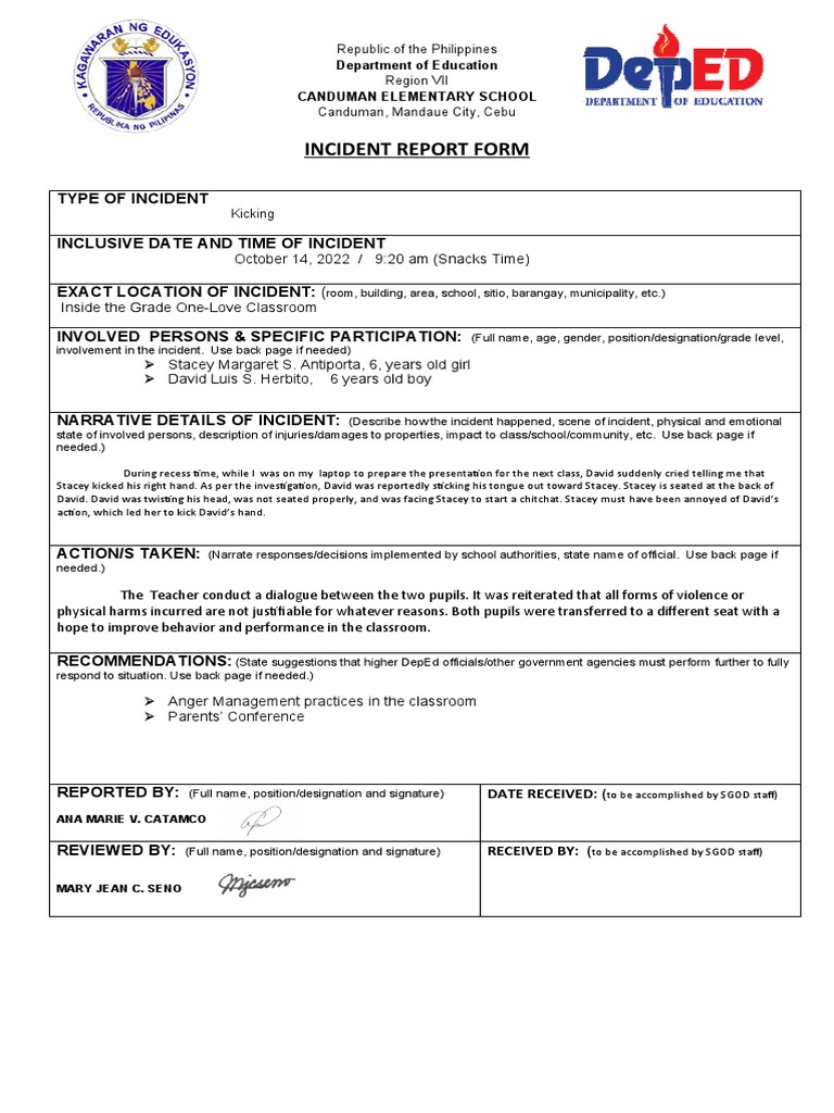 Incident Report Form Type of Incident in | PDF
