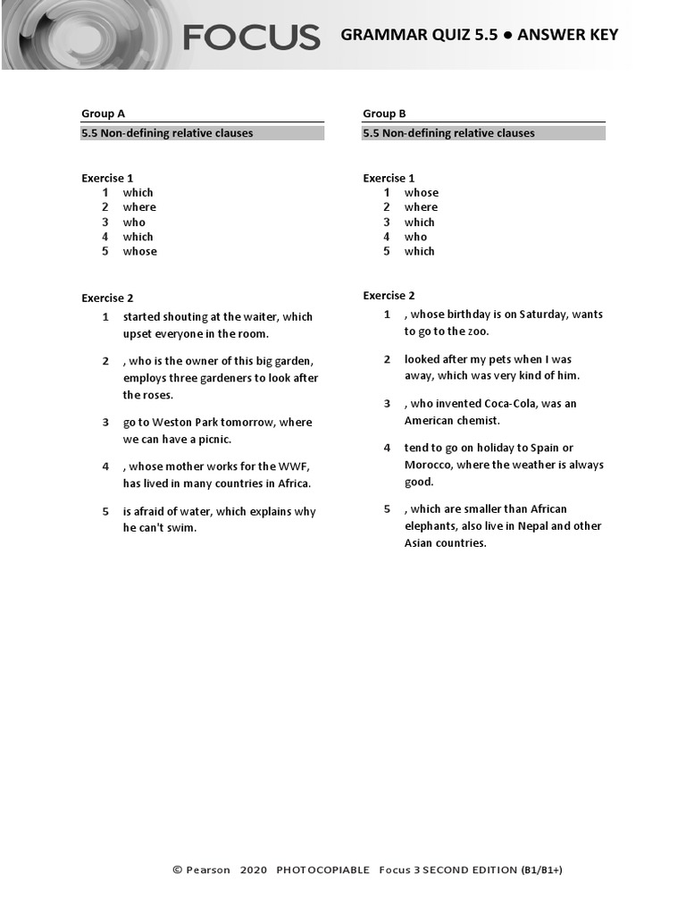 Focus3 2E Grammar Quiz Unit5 5 GroupA B ANSWERS | PDF