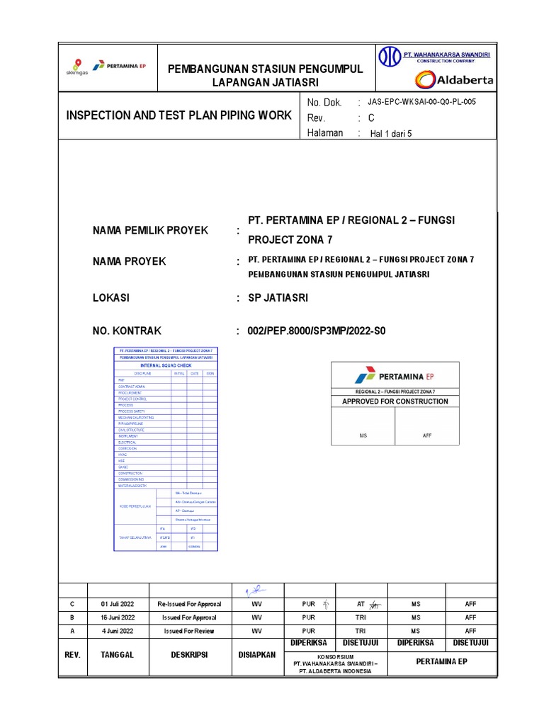 JAS-EPC-WKSAI-00-Q0-PL-005 Inspection and Test Plan Piping Work REV.C | PDF