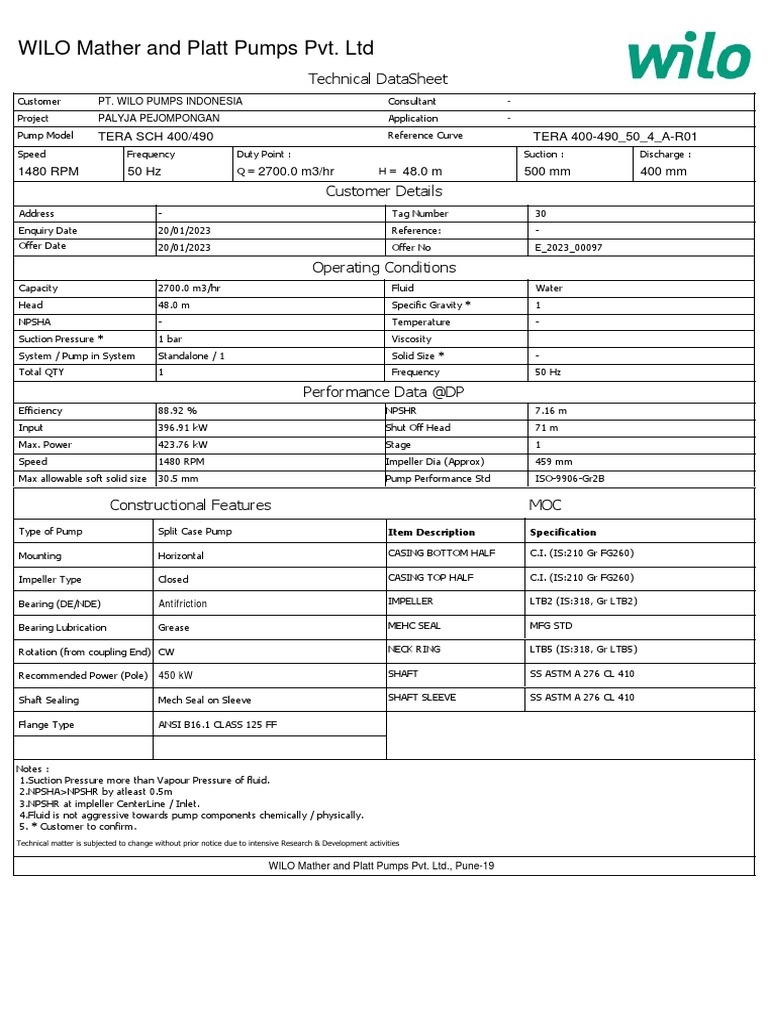 Pump Performance Datasheet | PDF | Pump | Continuum Mechanics