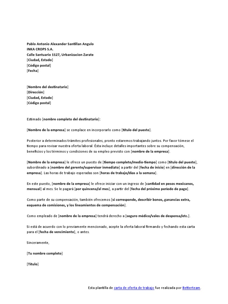 Plantilla Carta de Oferta de Trabajo Descarga 20220907 | PDF