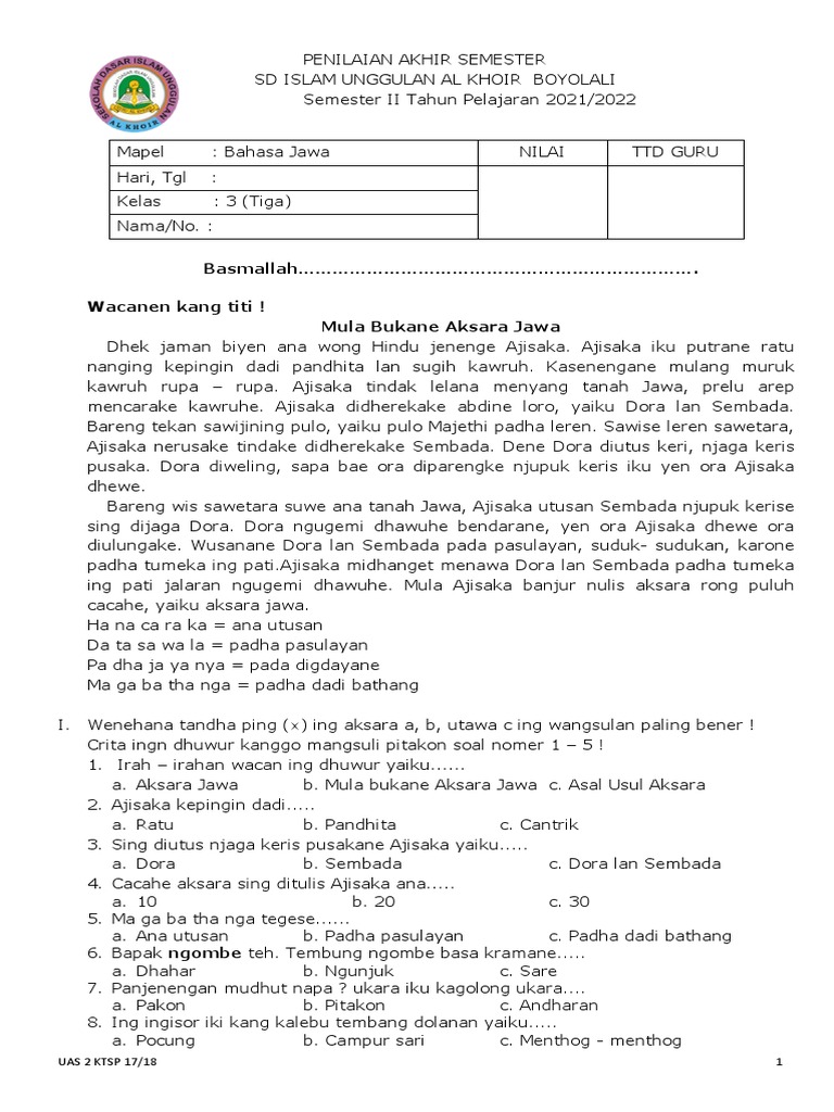 7.soal UAS KTSP Bhs Jawa Kls 3 | PDF