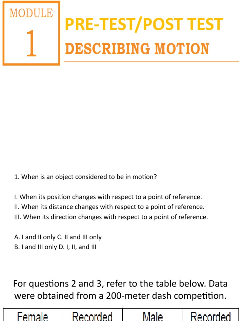 Pretest Postest Describing Motion | PDF | Speed | Velocity