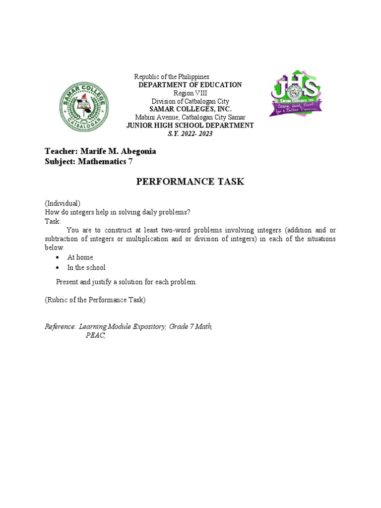 Q1 Math-7 Performance-Task | PDF