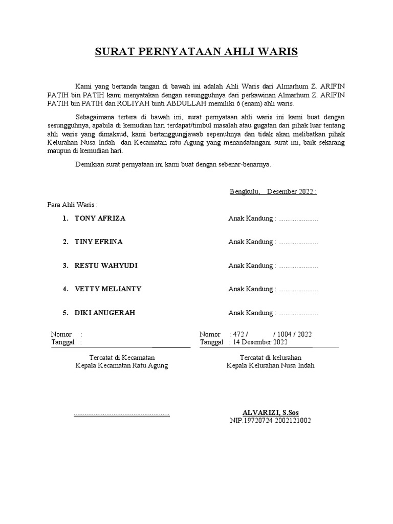 Surat Pernyataan Ahli Waris | PDF | Olahraga & Rekreasi | Hukum