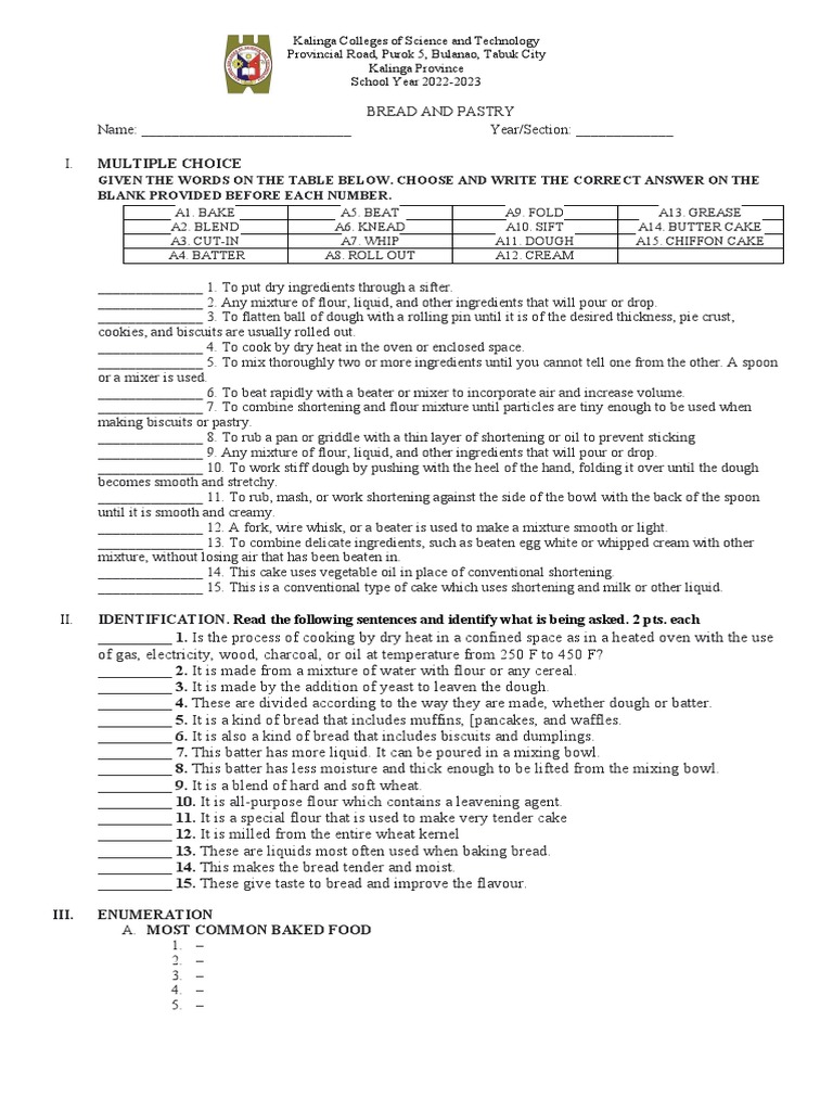 FINAL Exam BREAD AND PASTRY | PDF | Dough | Cakes