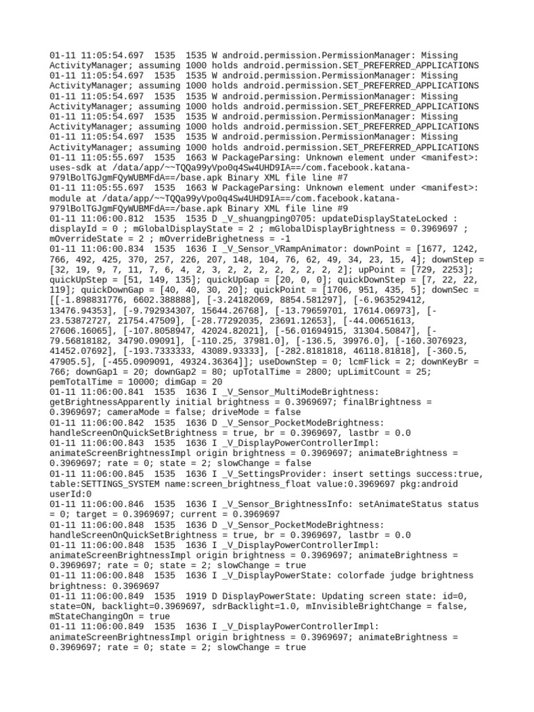 Android system log with permission and brightness events | PDF ...
