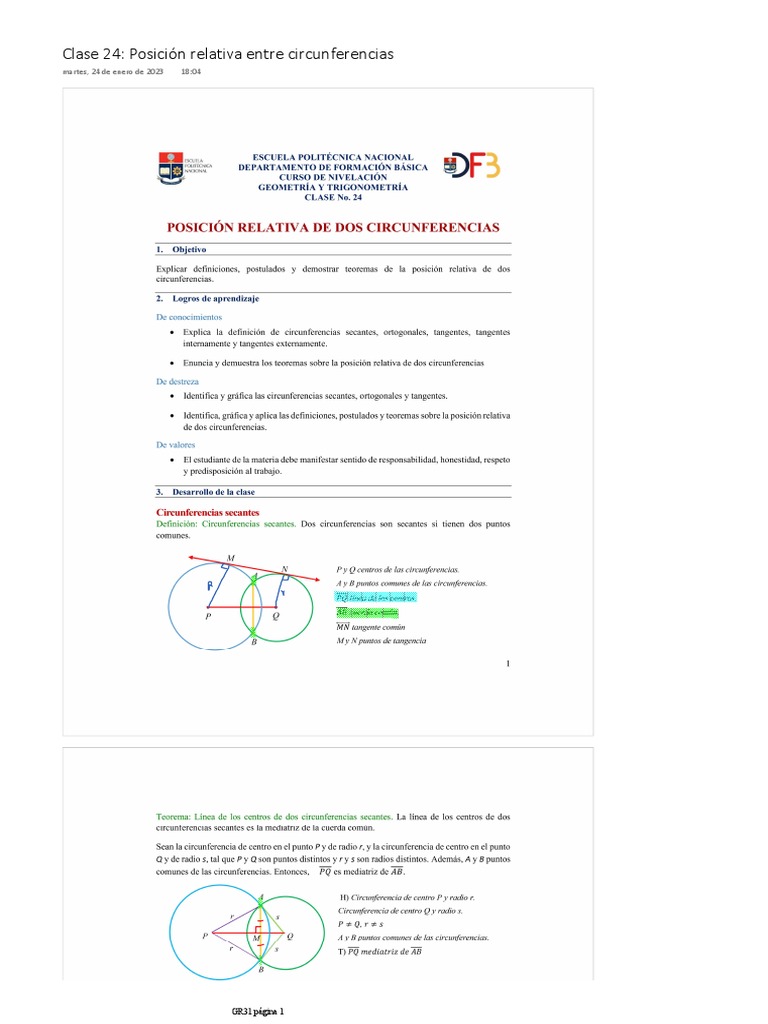 Clase24 - Posición Relativa de Dos Circunferencias | PDF | Geometría Elemental | Geometría del ...