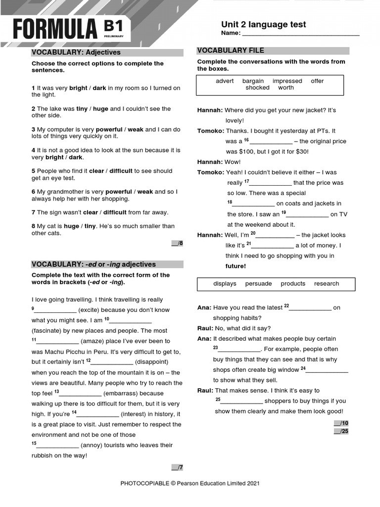 Formula B1 Unit 2 Test | Download Free PDF | Linguistics
