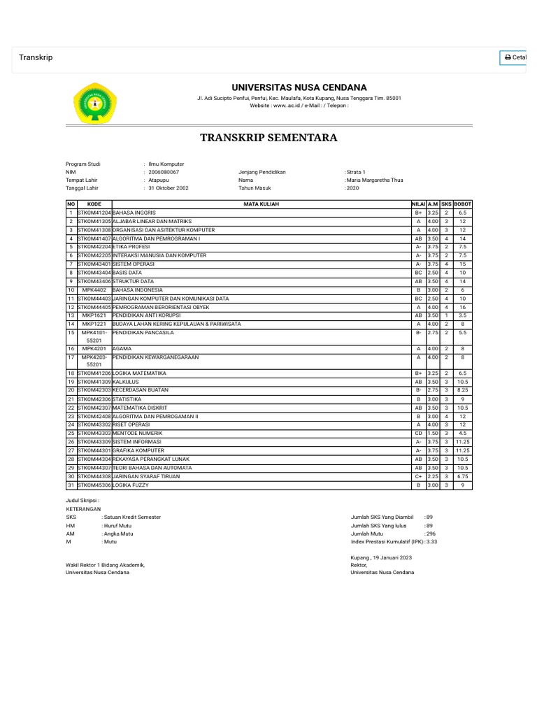 Transkrip Sementara Ilmu Komputer 2023 | PDF