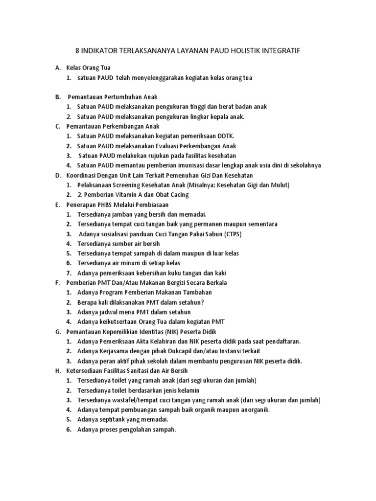 8 Indikator Terlaksananya Layanan Paud Holistik Integratif | PDF ...