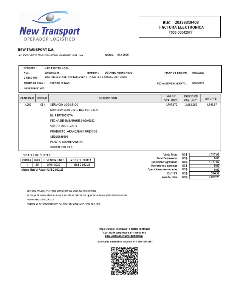 New Transport S.A.: Factura Electronica | PDF | Pagos | Dinero
