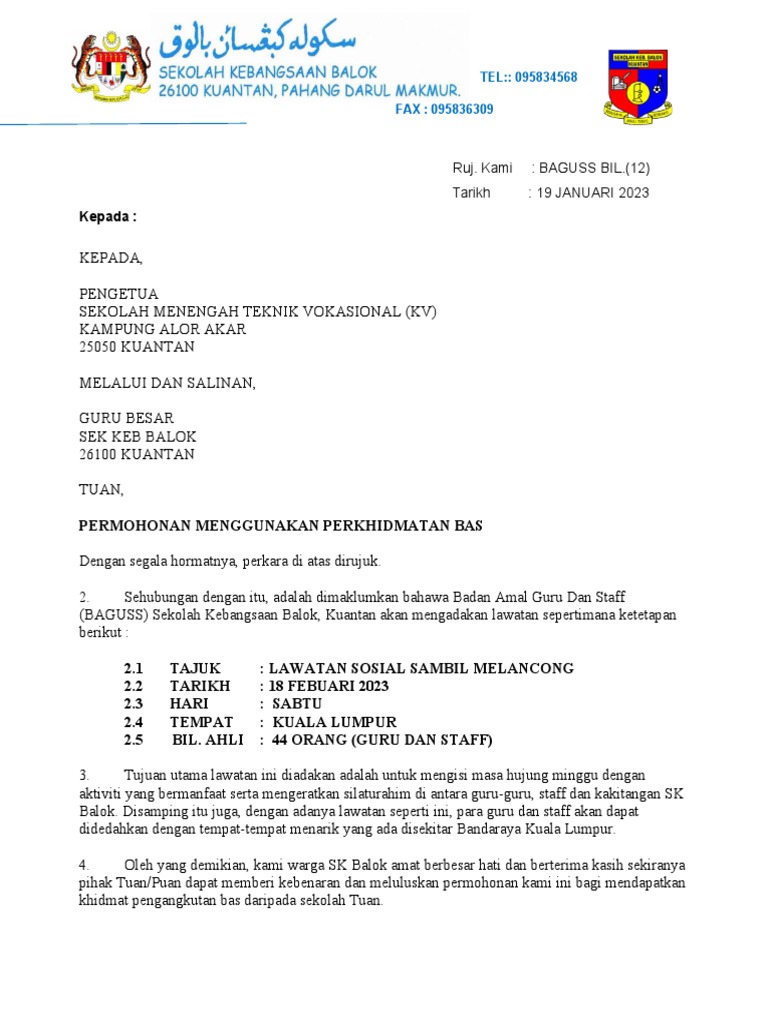 Surat Mohon Bas Kolej KV | PDF