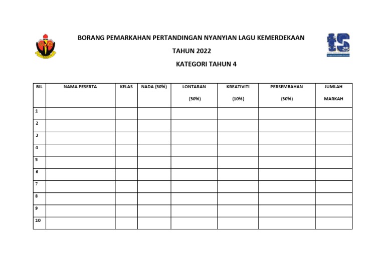 Borang Pemarkahan Pertandingan Nyanyian Lagu Merdeka | PDF