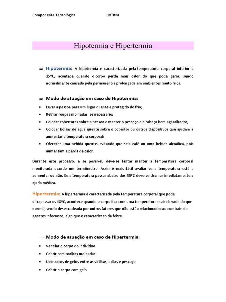 Cuidados em Hipotermia e Hipertermia | PDF