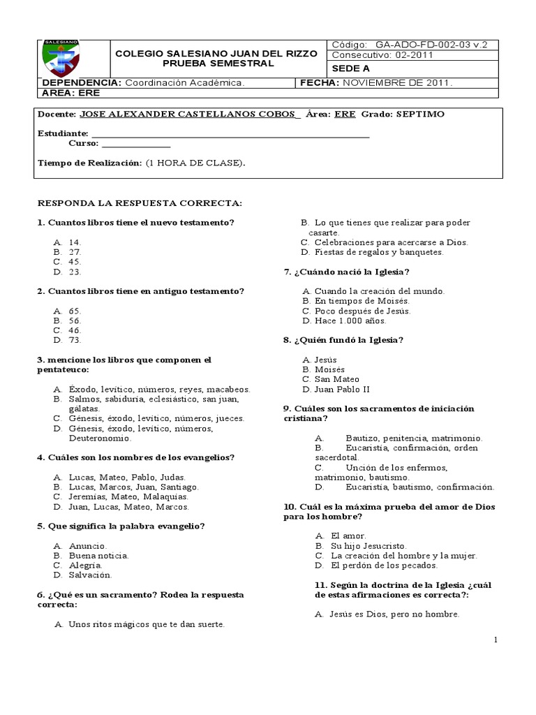Prueba Semestral Septimo 4 Periodo | PDF | Jesús | Biblia