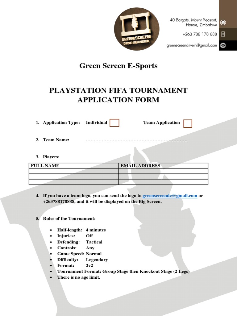 Green Screen E-Sports FIFA TOURNAMENT APPLICATION FORM | PDF