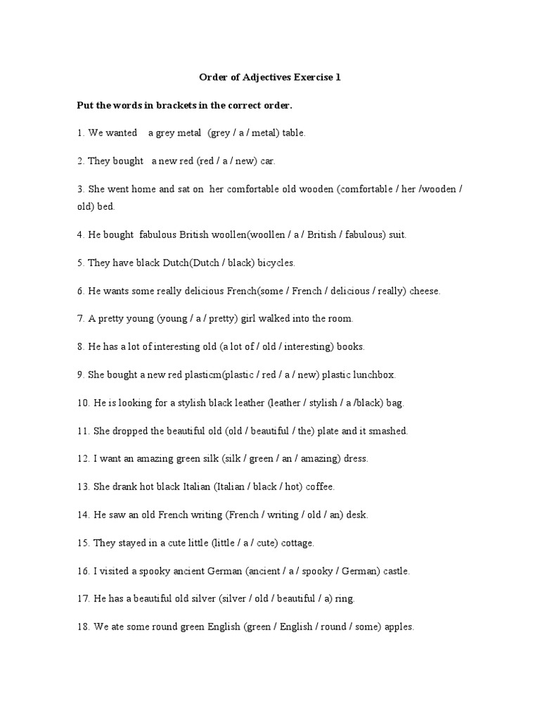 Adjective Order Exercises with Answers | PDF