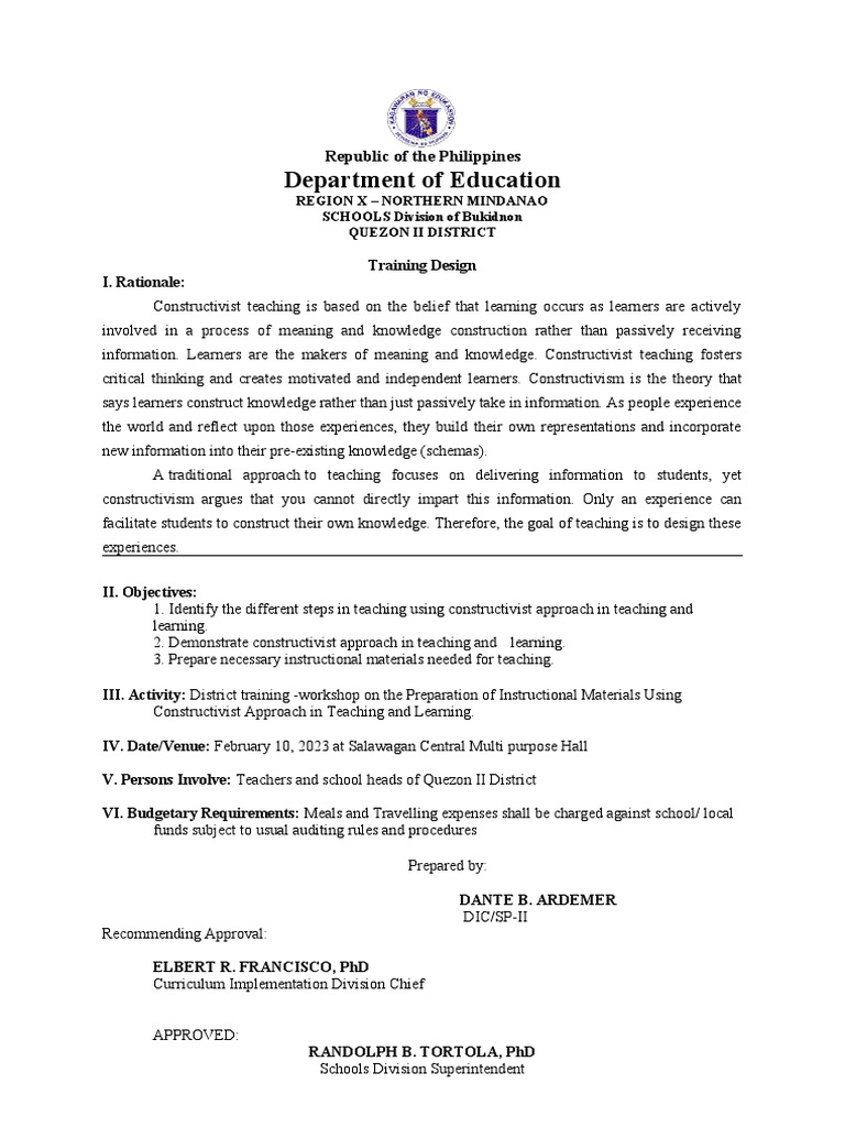 District Training On Constructivist Approach in Teaching and Learning ...