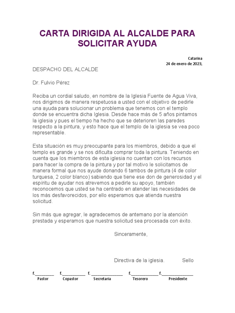 Carta Dirigida Al Alcalde para Solicitar Ayuda | PDF