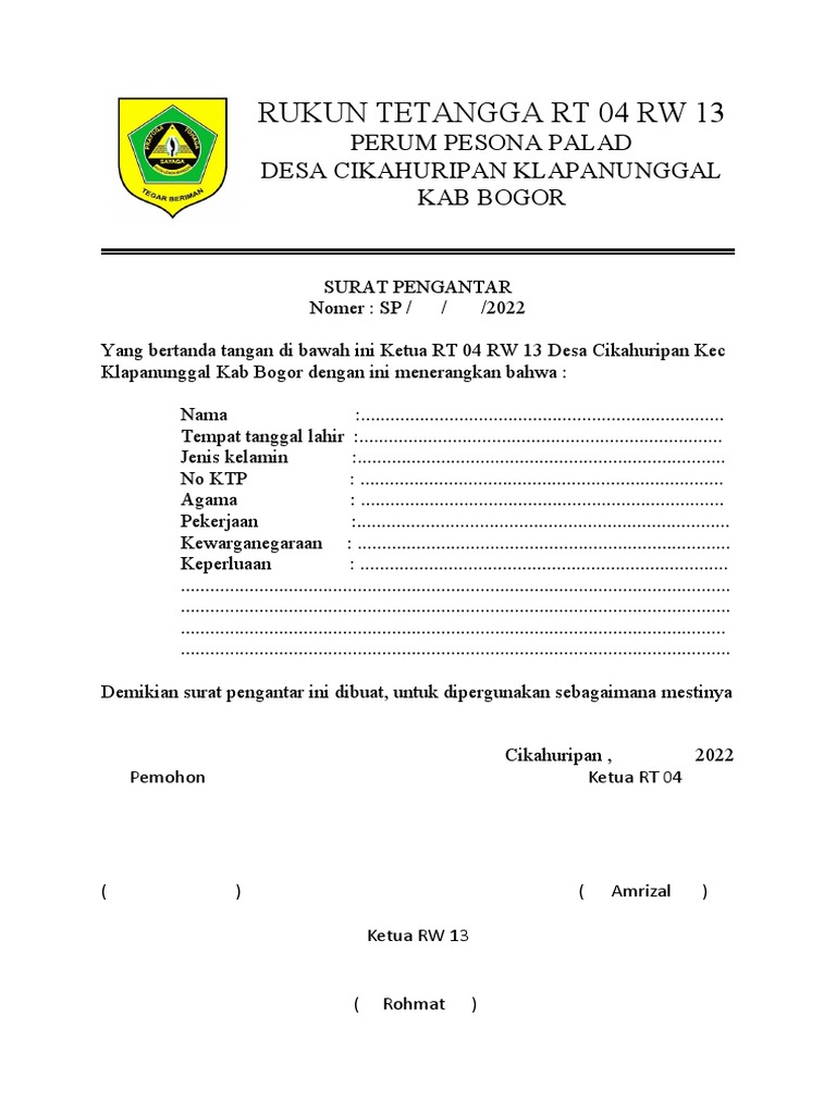 Surat Pengantar RT 04 RW 13 Cikahuripan | PDF