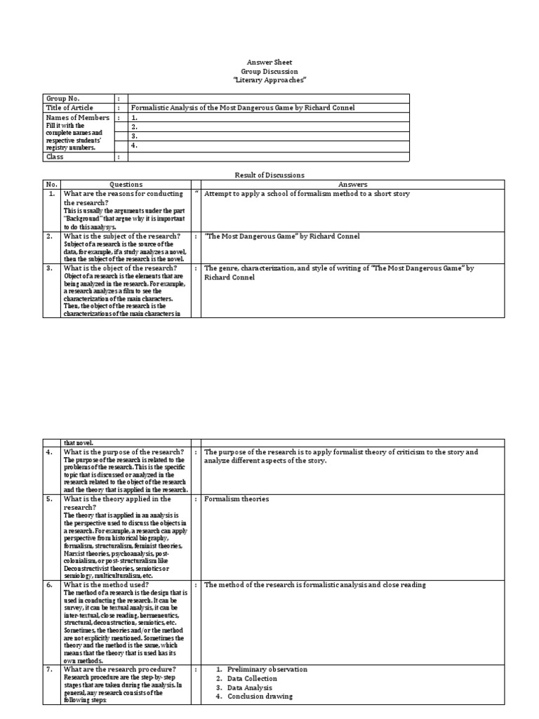 Formalistic Analysis of The Most Dangerous Game by Richard Connel | PDF ...