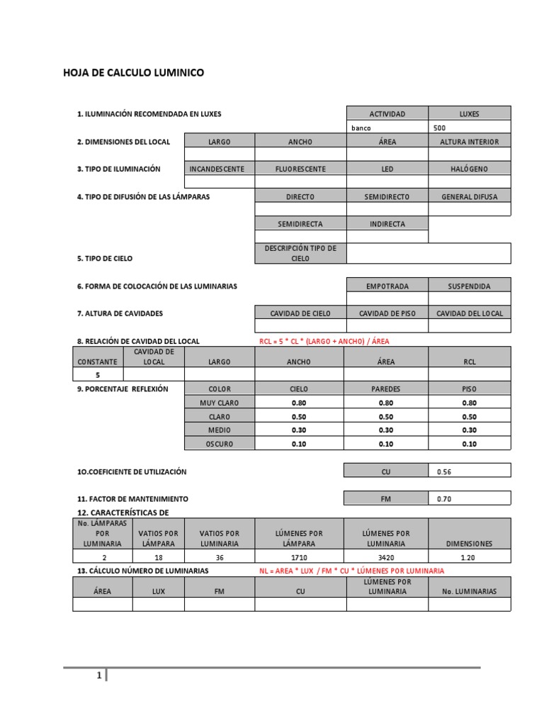 HOJA DE CALCULO LUMINICO Ejemplo en clase | PDF | Componentes ...