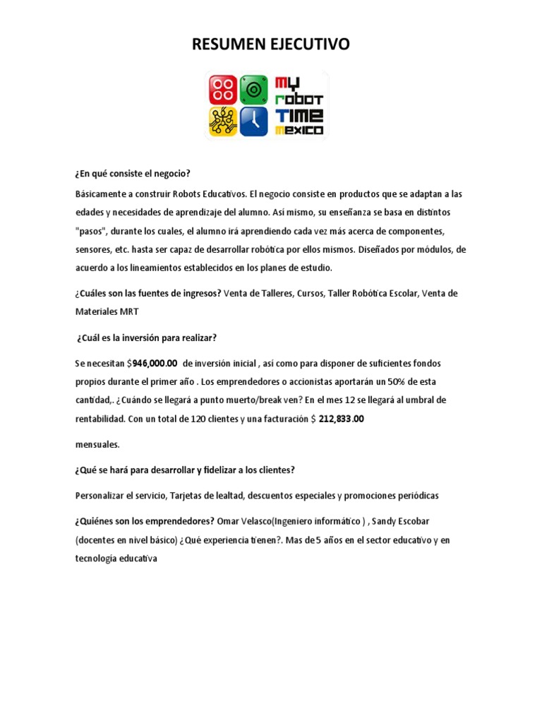 Resumen Ejecutivo My Robot Time | PDF