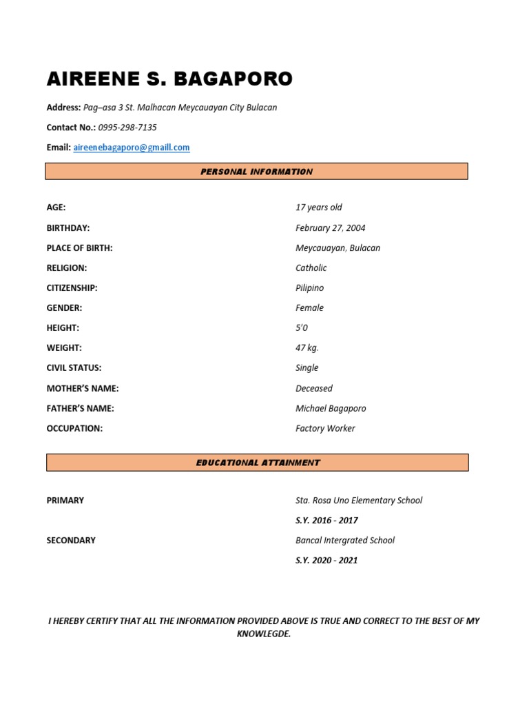 Aireene S. Bagaporo: Address: Pag-Asa 3 St. Malhacan Meycauayan City ...