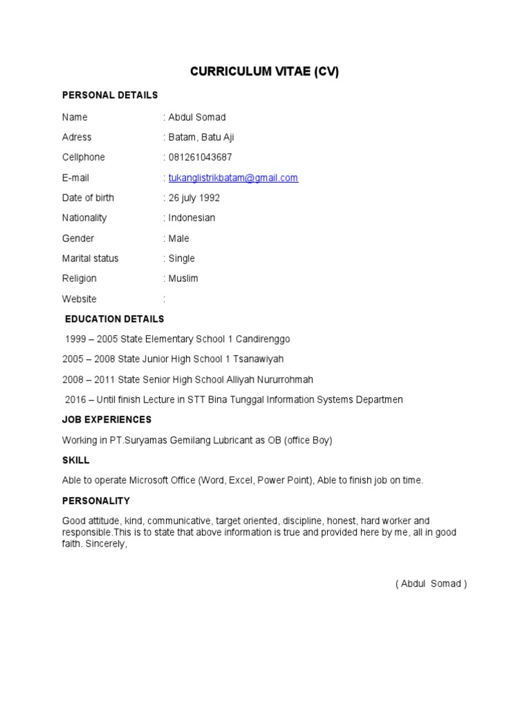 CV Example for Office Boy Position | PDF