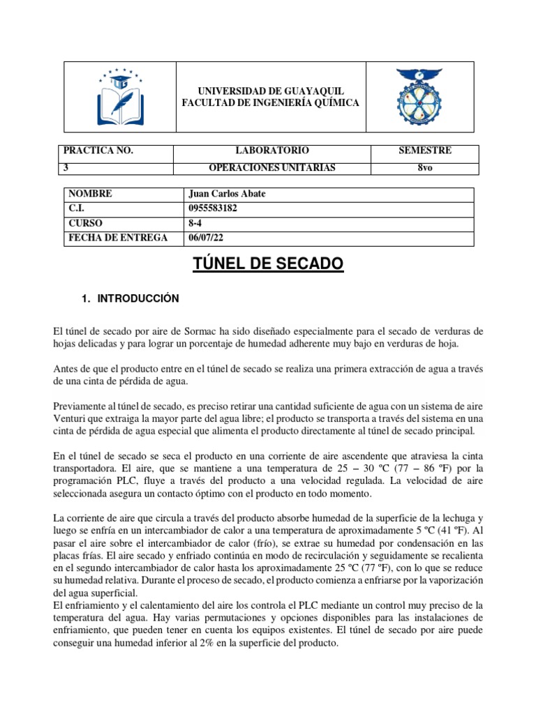 Práctica de Secado en Túnel de Aire | PDF | Agua | Humedad