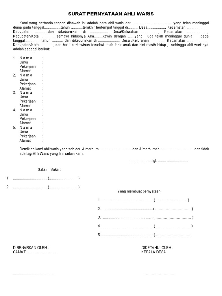 Surat Pernyataan Ahli Waris | PDF