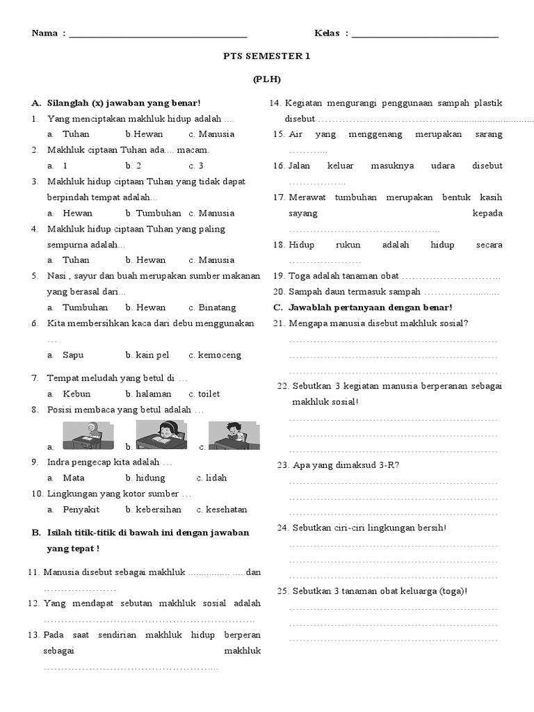 PTS PLH Kelas 1 Semester 1 | PDF