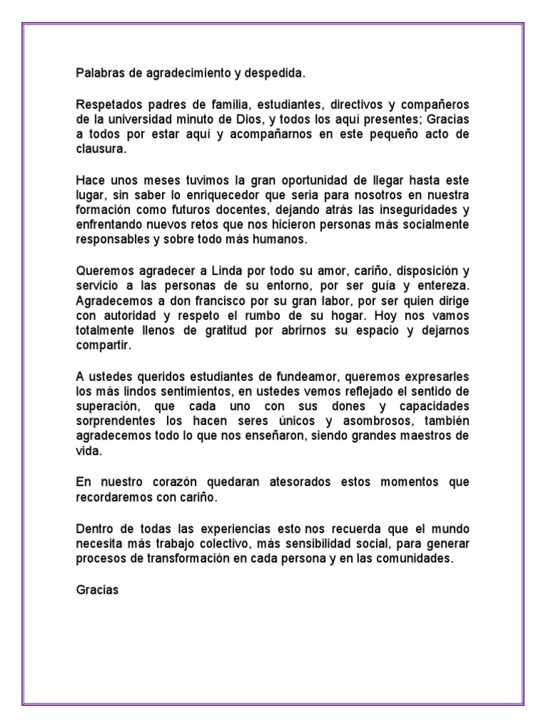 Palabras de agradecimiento y despedida | PDF