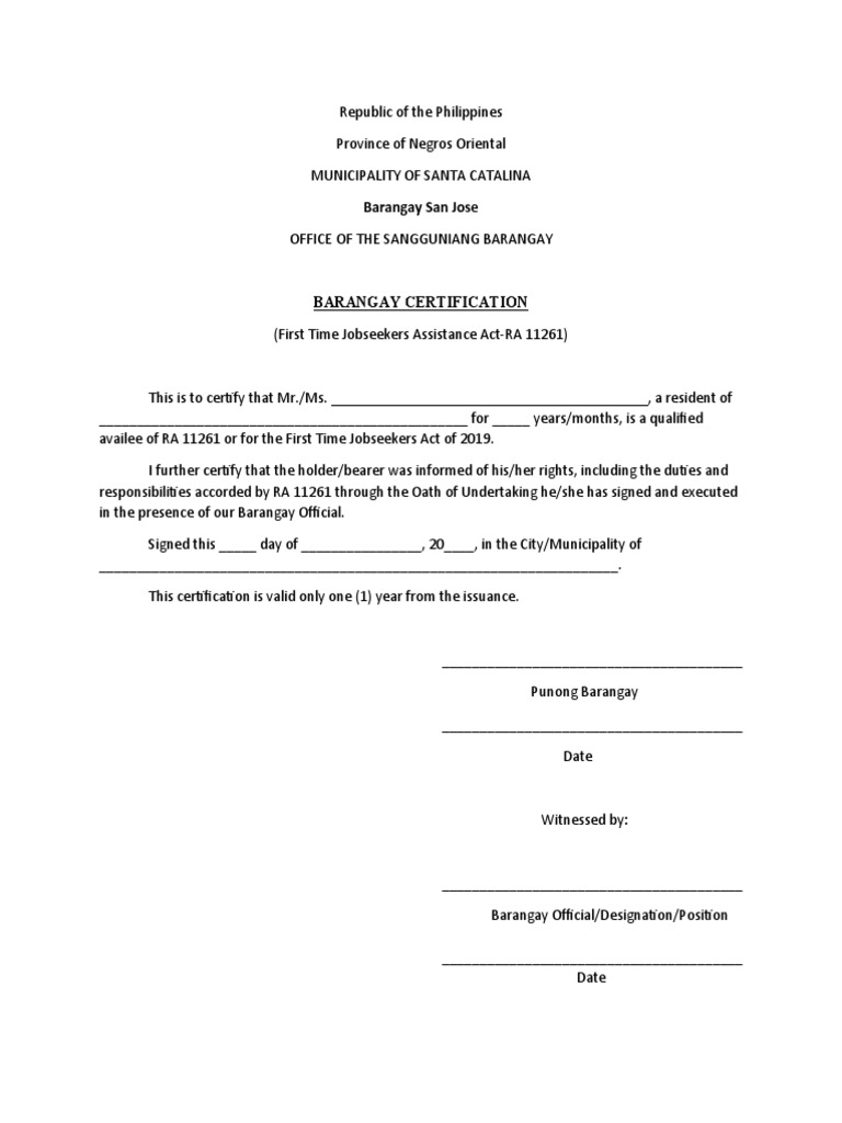Barangay CERTIFICATION First Time Jobseekers | PDF