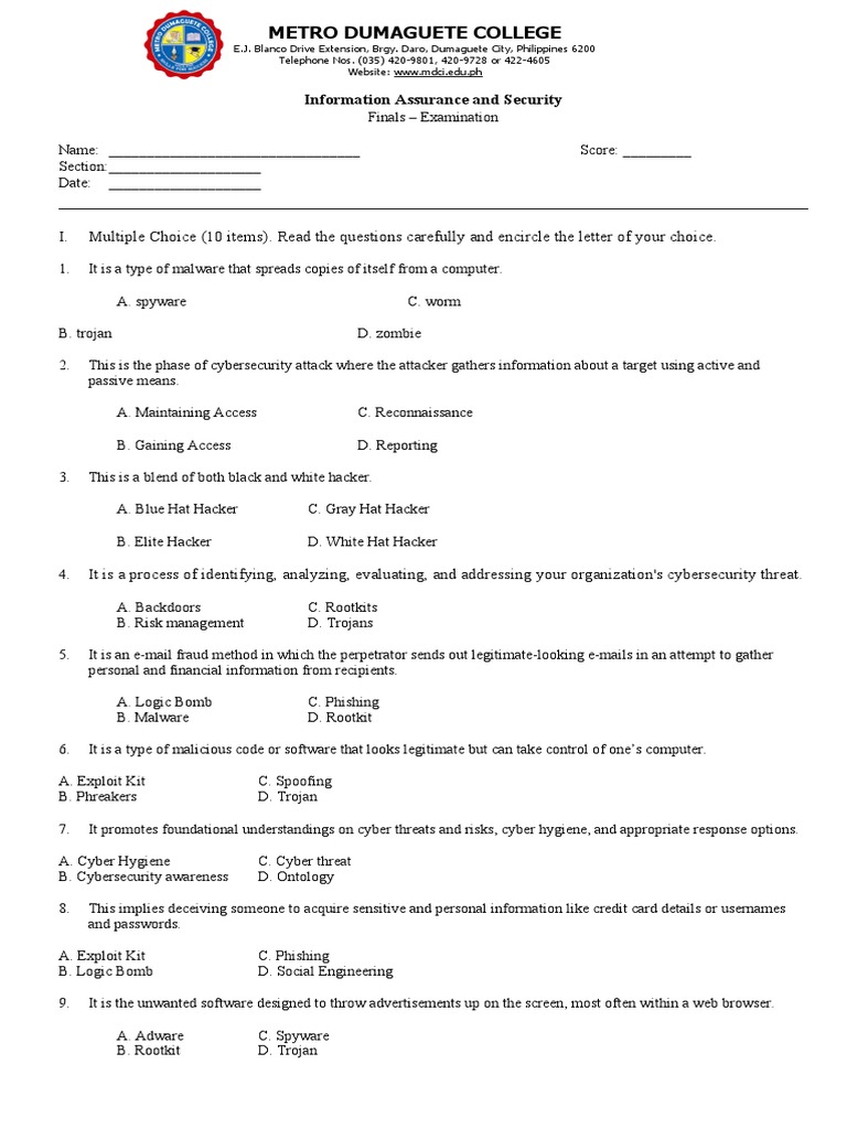 Finals Exam In Information Assurance And Security Pdf Security Computer Security