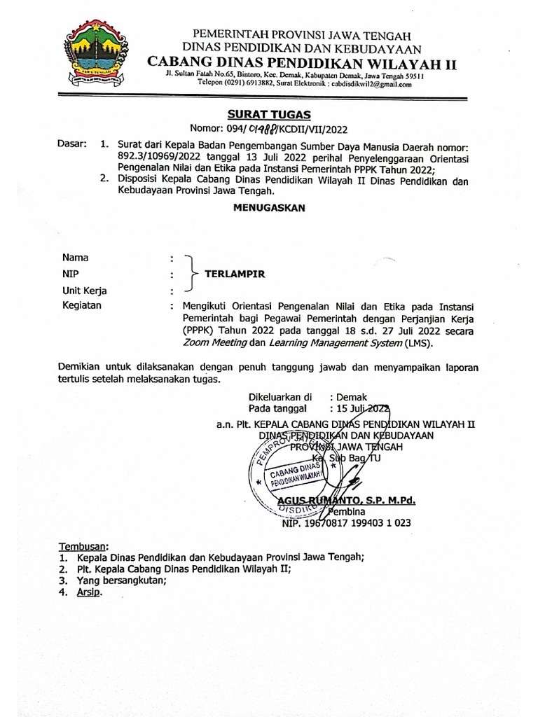 Surat Tugas Orientasi Pppk Tahun 2022 Cabdin 2 Pdf