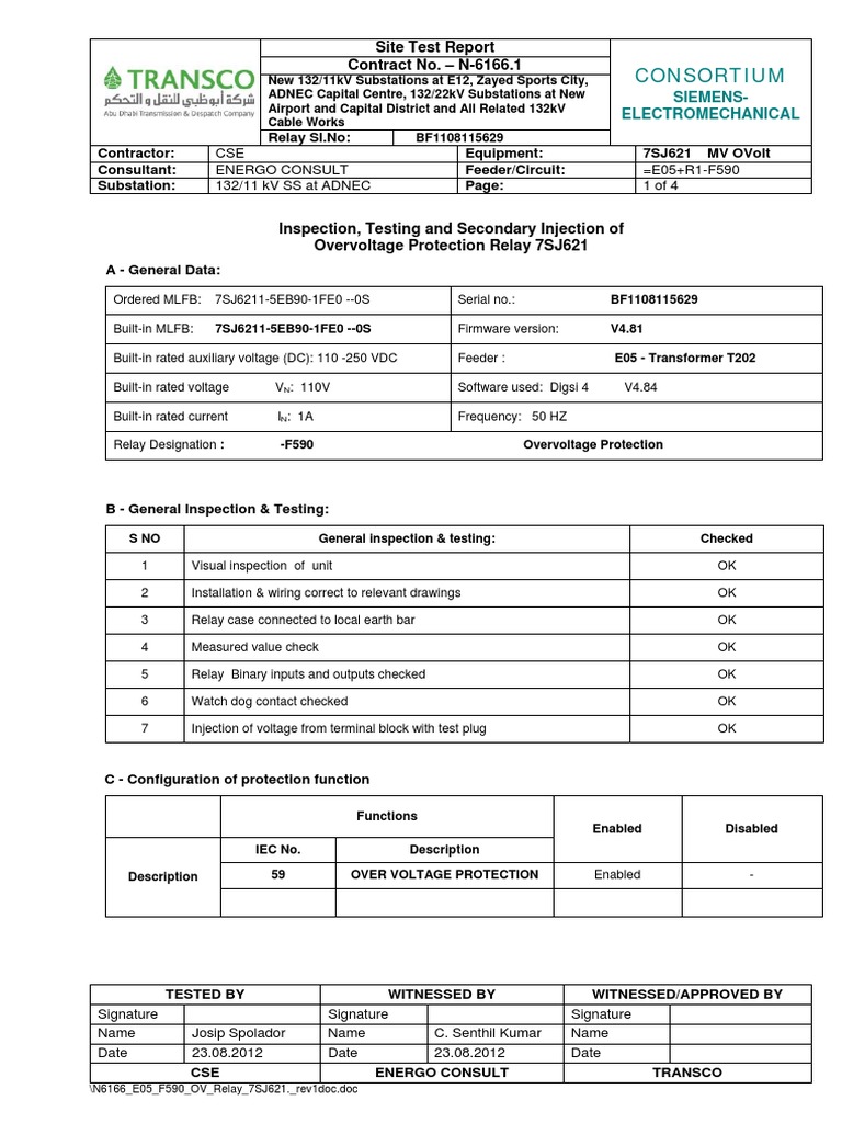 N6166 - E05 - F590 - OV - Relay - 7SJ621 Site Test Report | PDF ...
