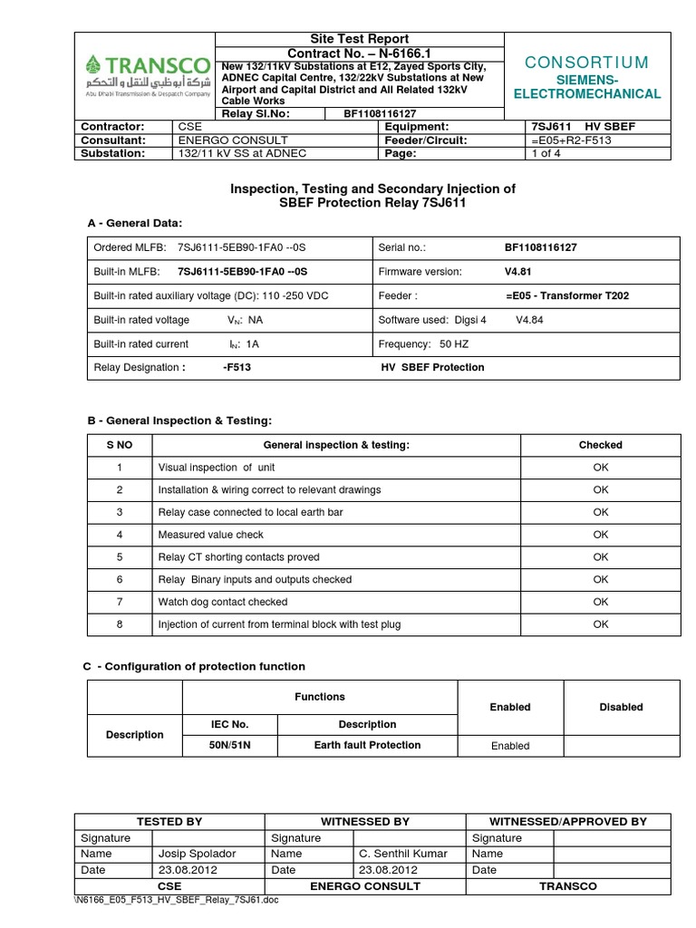 7SJ611 HV SBEF Relay Test Report | PDF | Relay | Electrical Substation