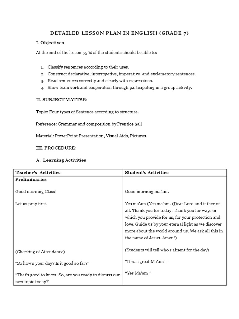 Grade 7 English Sentence Types Lesson Plan | PDF | Question | Sentence ...