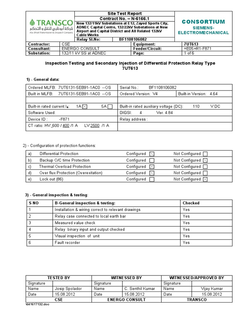 N6166 E05 F871 TR Diff Relay 7UT613 | PDF | Electrical Substation | Relay