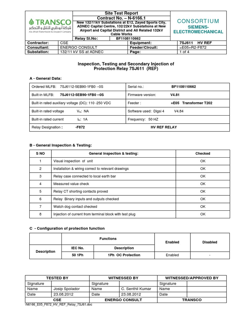 N6166 E05 F872 HV REF Relay 7SJ61 Site Test Report | PDF | Relay ...